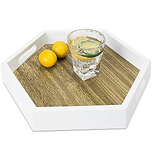 MyGift Hexagonal White Wood Decorative Tray with Handles and Burnt Wood Base, Geometric Serving Tray Ottoman Breakfast Tray