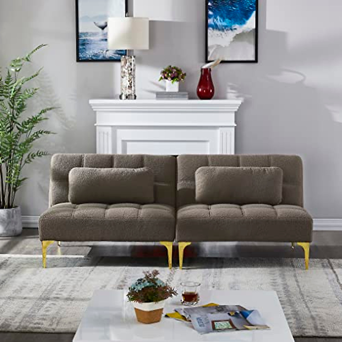 TARTOP Futon Couch Gold Metal Legs, Modern Multi-Functional Convertible Bed, Teddy Fabric, Small Sectional Sofa, Perfect for Living Room, Bedroom, Office, Apartment,Taupe