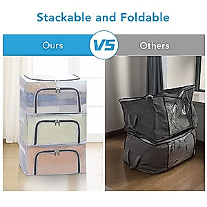 Baesyhom Clear Stackable Steel Metal Frame Clothes Storage Bins Foldable Fabric Storage Bag Closet Storage Bin Blanket Storage Container Organizer with Carrying Handles and Front Window, 3 Pack, 24L