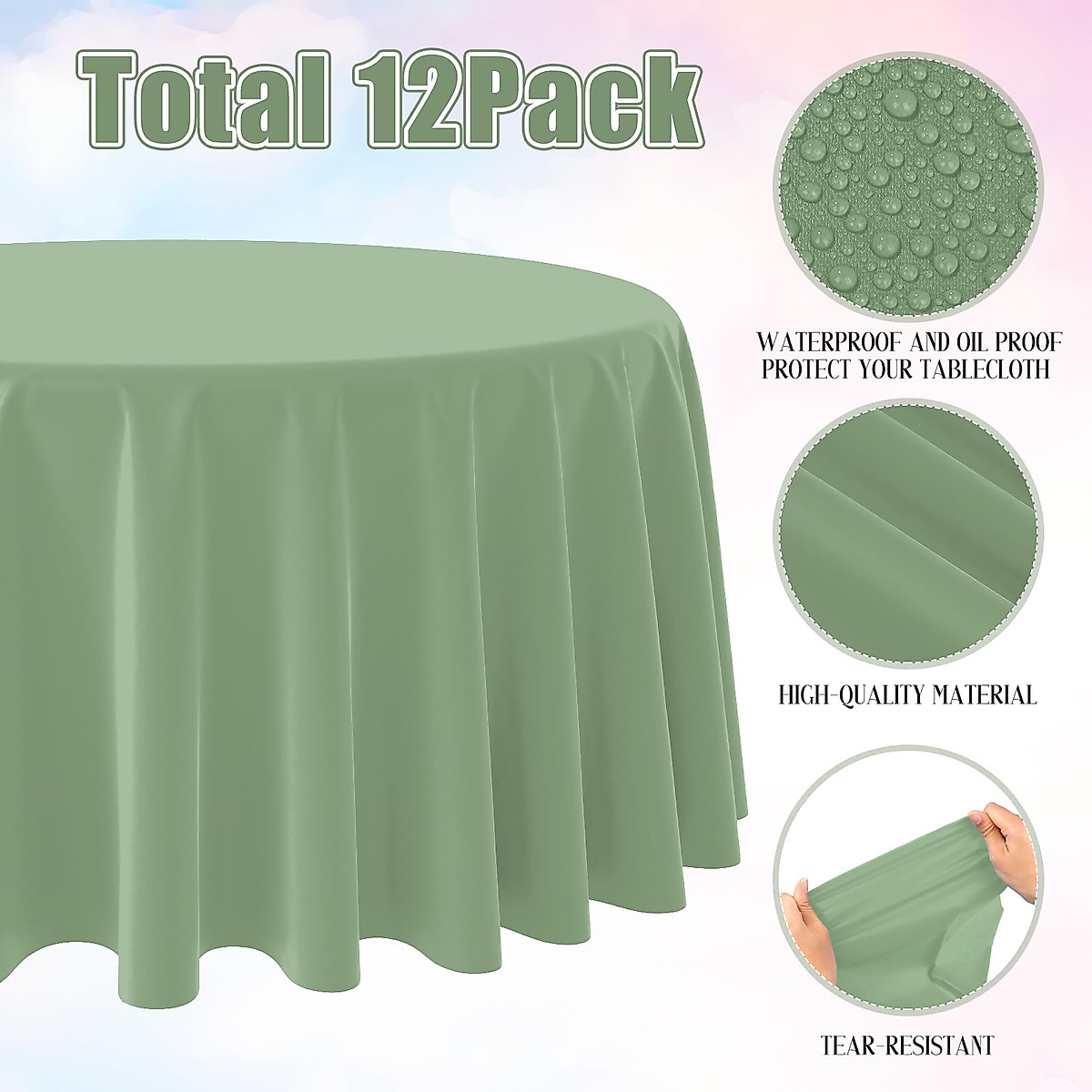YIDAKO 12 Pack Sage Green Plastic Tablecloths Round Light Green Tablecloth Waterproof Disposable Round Sage Table Cover for Birthday Bridal Wedding Baby Shower Party Decorations,84Inch