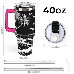 Palm Tree Black 40 Oz Tumbler Insulated Stainless Steel Water Bottle Travel Mug Car Cup with Handle And Straw