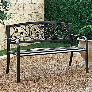 HCY Outdoor Bench, Garden Bench Metal Patio Front Porch Decor Furniture with Backrest Armrests, 50 Inch Slatted Seat for Outdoor, Park, Yard, (Black), x 21x 34.6