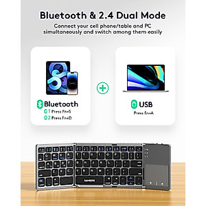 Samsers Multi-Device Foldable Bluetooth Keyboard with Touchpad Rechargeable Dual-Mode(2.4G+BTx2) Wireless Keyboard with Holder, Portable Ultra Slim Folding Keyboard for Android Windows iOS Mac OS