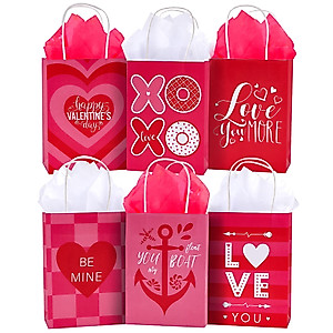 ECOptimize Gift Bag with Tissue Paper for Valentine's Day - 24 PCS Small Size(5.9"x3"x8") - Eco-Friendly Kraft White Paper Bag with Handle for Retail, Gift, Shopping & Party Favors(Pink, Red, Heart) - Double Side Pattern
