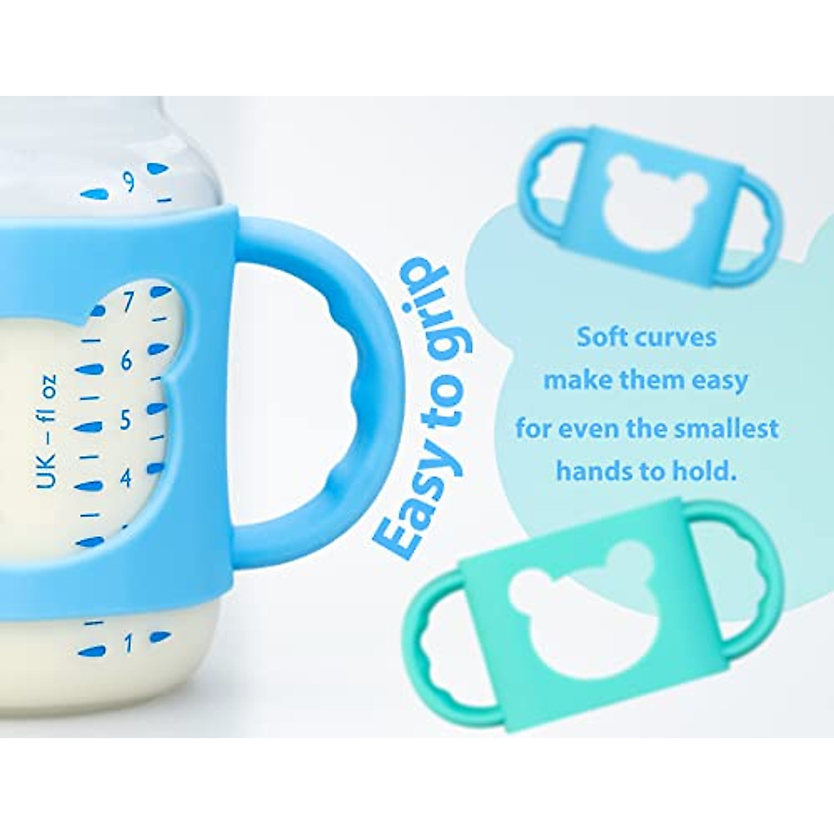Baby Bottle Handles, Durable Food Grade Silicone Transitional Sippy Cup Handle Grip for Wide-Neck Baby Bottles, Cute Bear Design, Pack of 2, Blue & Turquoise