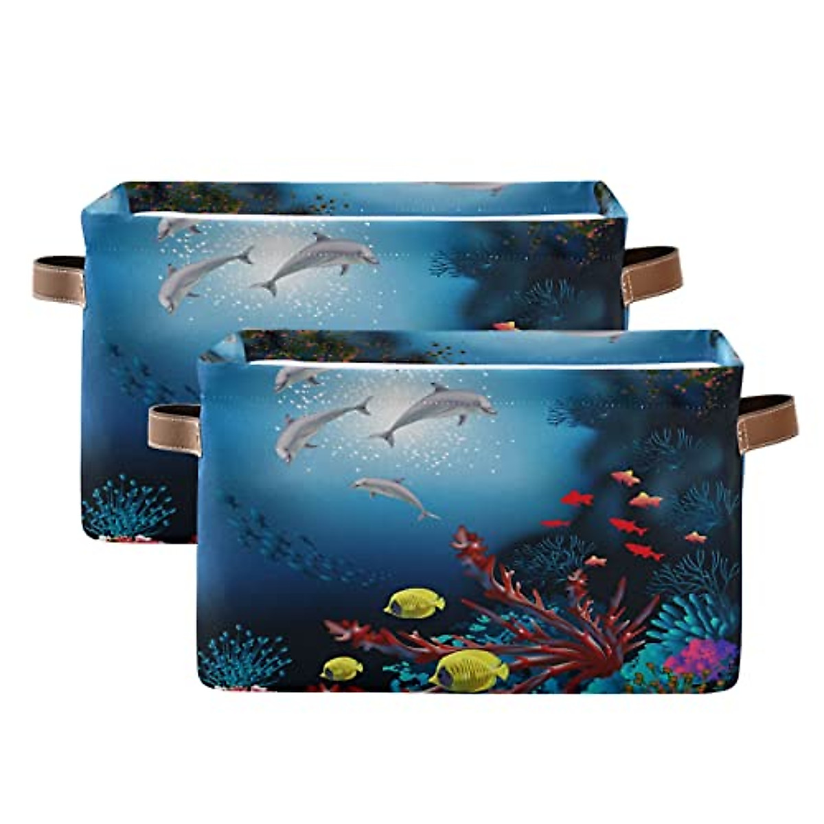 Sea Ocean Animal Dolphin Fish Storage Bin Canvas Toys Storage Basket Bin Large Storage Cube Box Collapsible with Handles for Home Office Bedroom Closet Shelves,1 pc
