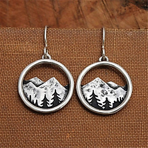 ANDPAI Unique Handmade Vintage Retro Silver Mountain Dangle Drop Earrings with Tree Pattern for Women Statement Outdoor Enthusiast Jewelry Gifts (Silver)