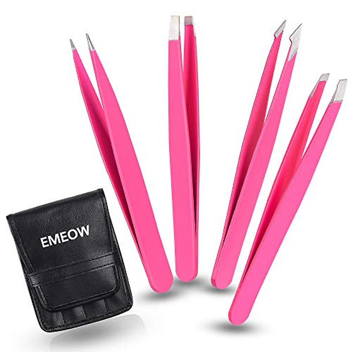 Eyebrow Tweezers Set Best Precision Tweezers 4-Piece Professional Stainless Steel Tweezer For Facial Hair Removal & Ingrown Hairs, Splinter & Blackhead Acne Remover Daily Beauty Tool - EMEOW (Red)