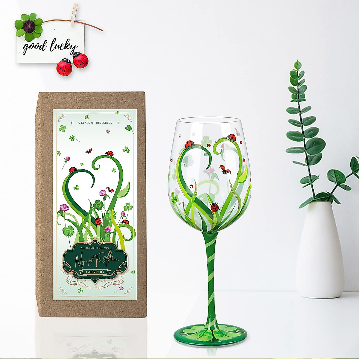 NymphFable Ladybug Wine Glass Hand Painted Wine Glass Personalised Ladybug Birthday Gift for Women, 15oz