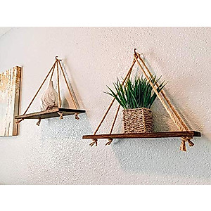 Mkono Hanging Shelves Boho Wall Decor Set of 2 Rustic Wood Floating Shelf with Rope Photo Plants Display Room Decor Aesthetic for Bedroom Bathroom Home Office College Dorm