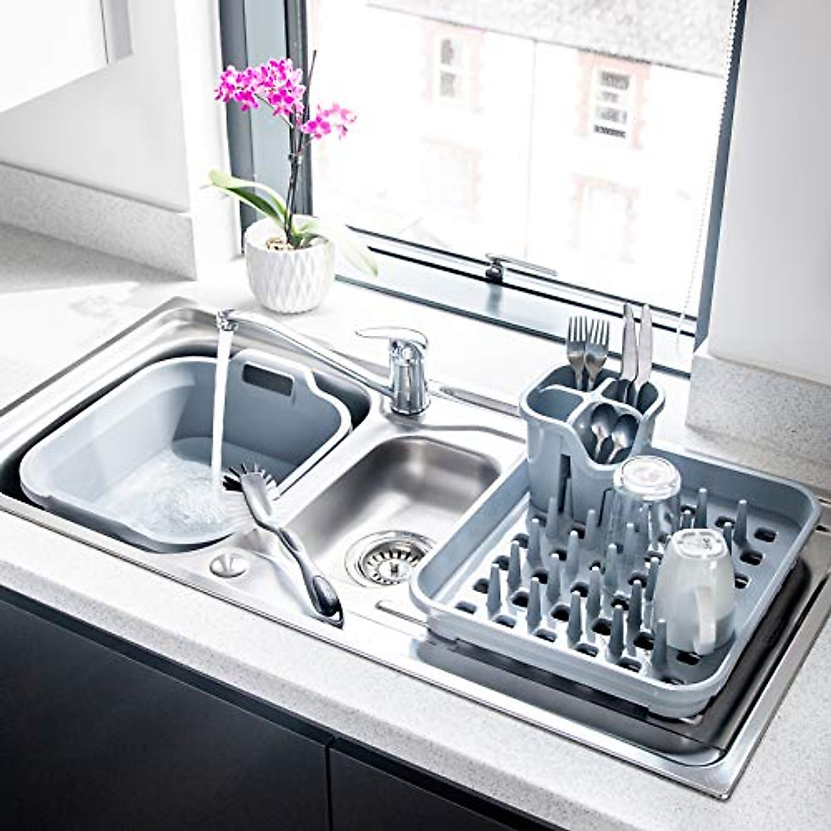 Addis Eco 100% Recycled Plastic Cutlery Utensil Drainer Tray holder caddy with 4 compartment, Light Grey