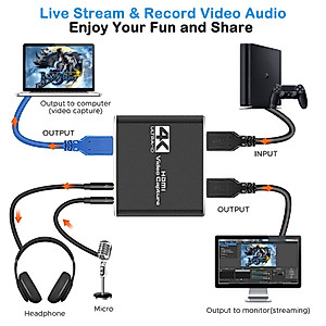 Capture Card, Audio Video Capture Card with Microphone 4K HDMI Loop-Out, 1080p 60fps Video Recorder for Gaming/Live Streaming/Video Conference, Works for Nintendo Switch/PS4/OBS/Camera/PC