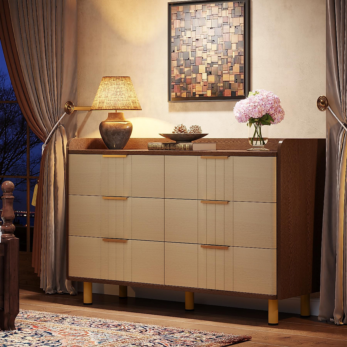 Tribesigns 6 Drawer Double Dresser, Modern Chest of Deep Drawers, Wooden Storage Dresser Organizer with Metal Handles & Sturdy Legs, Large Storage Cabinet for Bedroom, Living Room, Oak & Brown