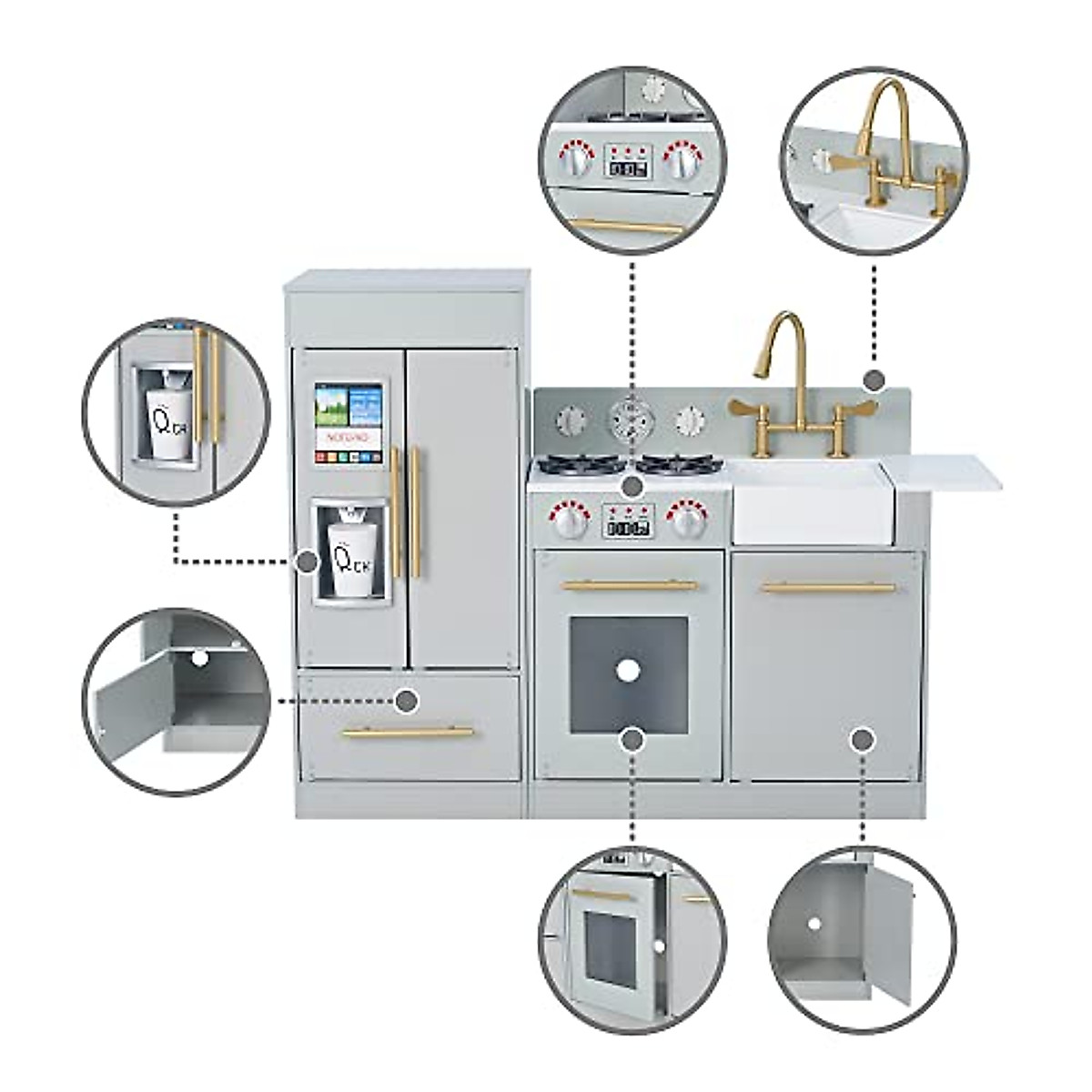 Teamson Kids Little Chef Charlotte Modern Modular Interactive Wooden Play Kitchen with Refrigerator, Stove and Sink in Gray with Gold Accents
