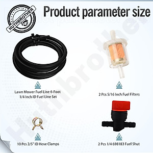 Lawn Mower Fuel Line 6-Foot 1/4 Inch ID Fuel Line Set + 2 Pcs 5/16 Inch Fuel Filters + 10 Pcs 2/5" ID Hose Clamps +2 Pcs 1/4 698183 Fuel Shut -by HuthBrother, for Kawasaki Kohler Mowers Engines