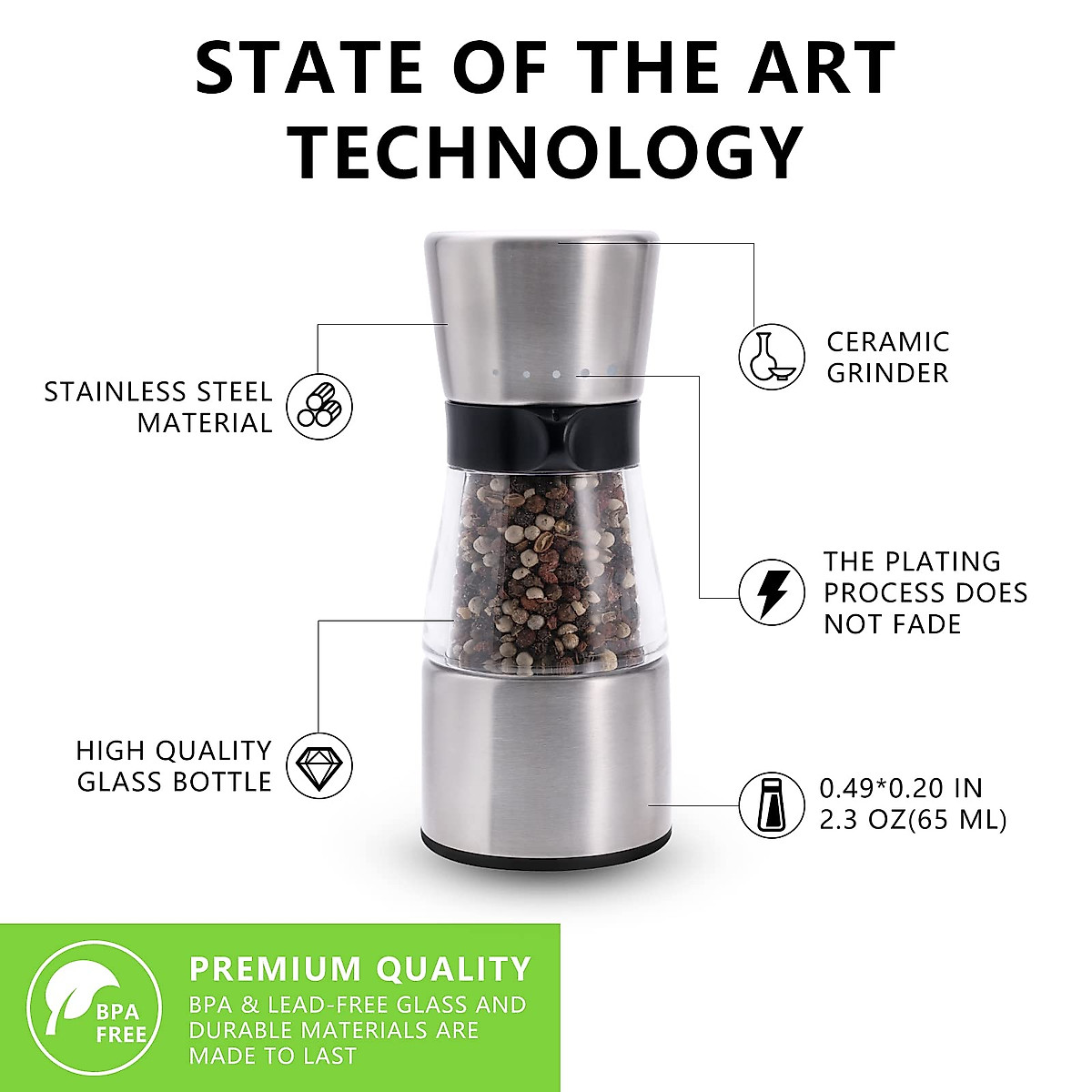 Pepper Grinder, Professional Refillable Pepper Mill with 5 levels Adjustable Coarse Mills, Salt Grinder Stainless Steel Sea Salt &amp; Spice Shakers