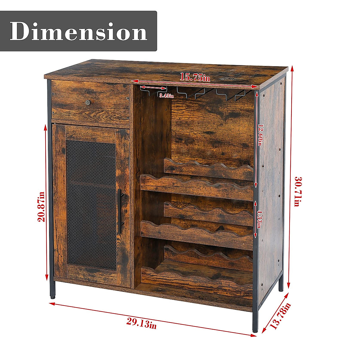 3-Tier Wine Bar Cabinet with Detachable Wine Rack and Drawer, Industrial Sideboard and Buffet Cabinet with Glass Holder, Coffee Bar Cabinet with mesh Door for Home & Kitchen, Rustic Brown