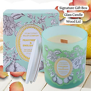 Pear Freesia & English Rose Scented Candle with Apple, Orange Blossom | Highly Scented Natural Soy Candles for Home | Wood Wick Candles for Men & Women | Large Aromatherapy Spring Candle Gifts 10.6 oz