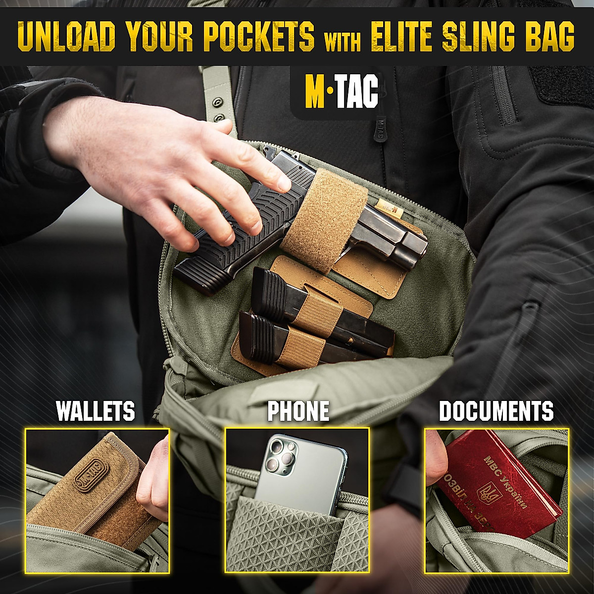 M-Tac Tactical Large Crossbody Bag for Men - Concealed Carry Sling - Multicam Black CCW Chest Bag - Elite Sphaera Shoulder Pack (Regular)