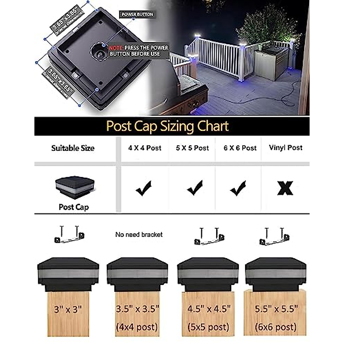 Solar Post Lights Outdoor, 4x4 Post Solar Lights Fits 4x4 5x5 6x6 Wood Post, Fence Post Solar Lights 160 LM IP65 Waterproof, Solar Deck Post Lights for Patio Garden Decor Landscape Lighting