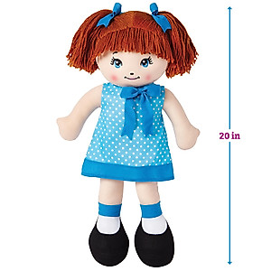 LOVE & HUG 17" Huggable Soft Doll | Stuffed Plush Doll with Blue Dress and Soft Yarn Hair | Baby Doll Toy for Kids and Toddlers to Love and Hug