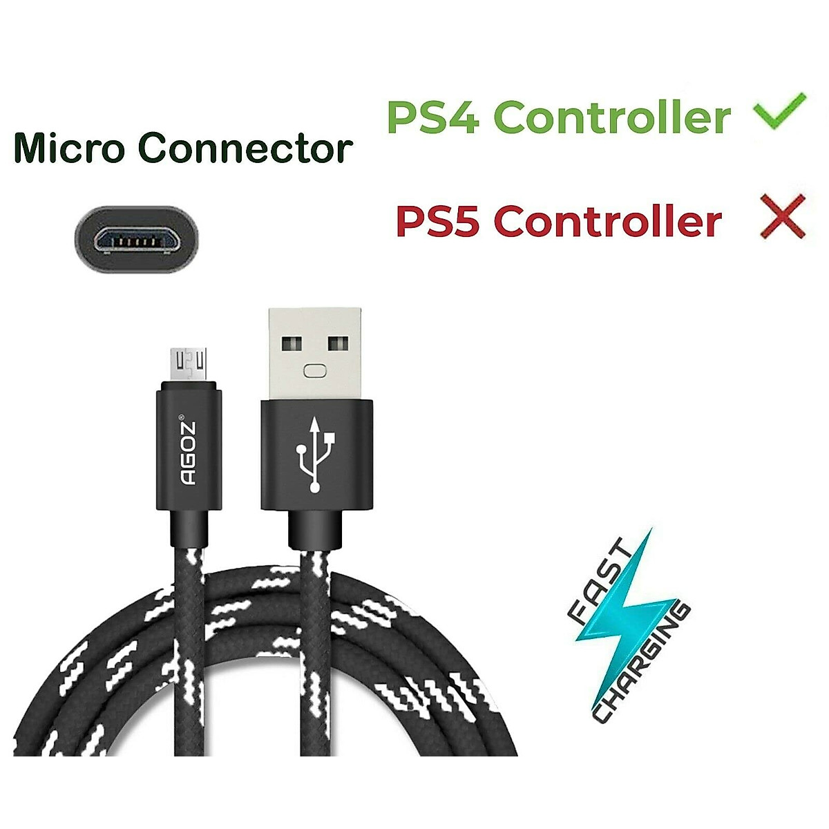 AGOZ PS4 Micro USB Charger Cable, Braided Heavy Duty Micro USB Fast Charger Cable Charging Cord for Sony PlayStation 4 Slim PS4 Dualshock 4 Controller and Xbox One Controller (4ft)