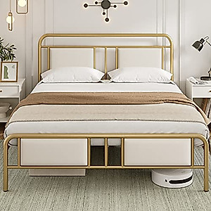 Hasuit Queen Size Bed Frame with Tufted Upholstered Oval Headboard, Heavy Duty Golden Metal Bed Frame Metal with Wooden Slats, Easy Assembly, No Box Spring Needed
