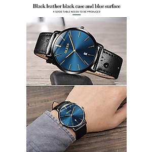 OLEVS Men's Ultra Thin Slim Big Face Date Leather Analog Wrist Watches Waterproof for Male Teen Boys Gift Classic Casual Minimalist Blue Large Dial Rose Gold Quartz Watch with Retro Genuine Band Black
