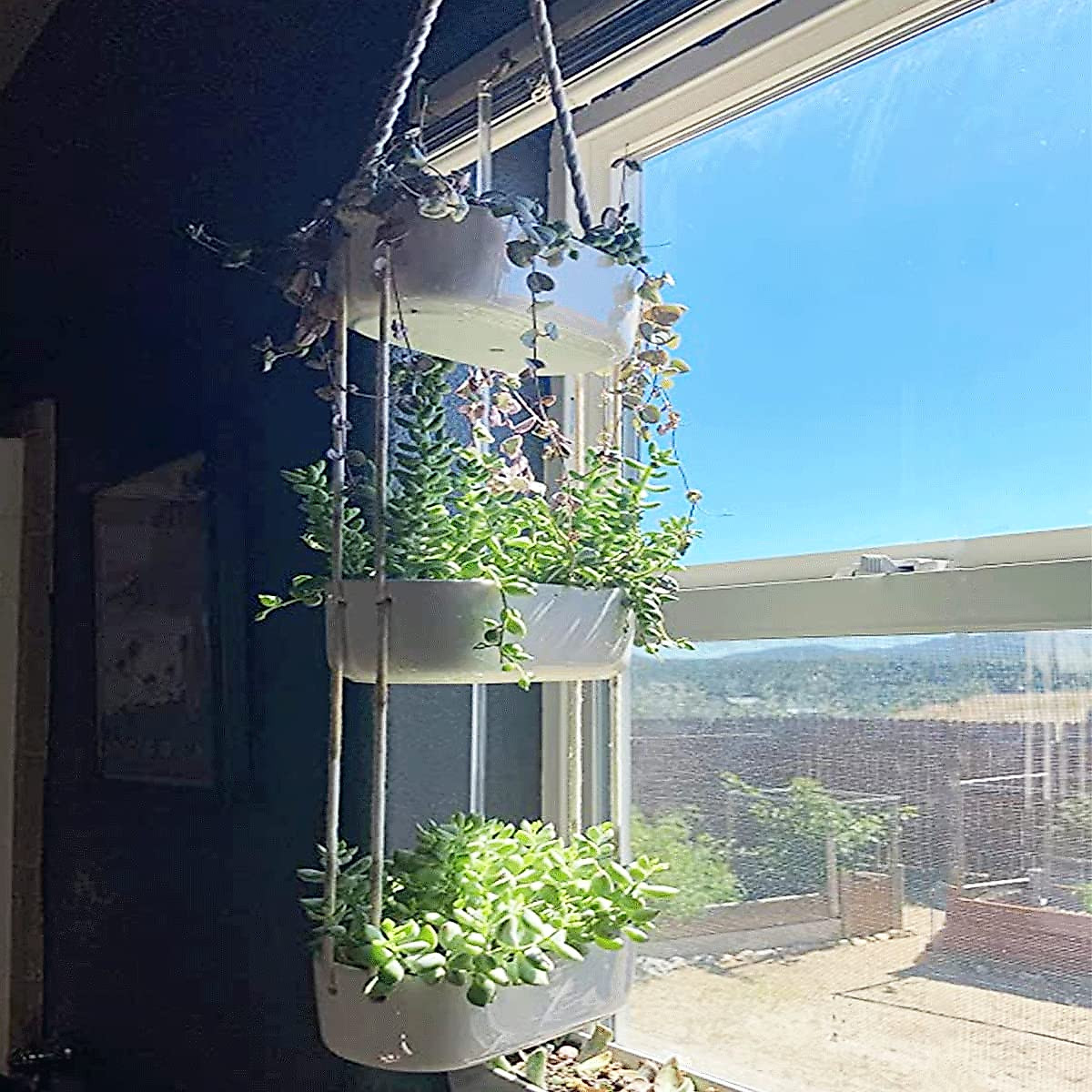 Mkono Hanging Planter Wall Planter for Indoor Plants, Flower Plant Ceramic Pots for Succulent Herb Air Plant Holder Faux Plants Vertical Garden, Home Office Decor 3 Tier, White (Plant Not Included)