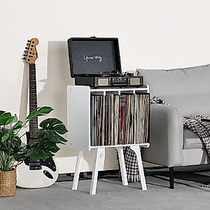 LELELINKY Small Record Player Stand - Width 11.7 In, White Vinyl Record Storage Table with 4 Cabinet Up to 80 Albums, Vinyl Holder with Wood Legs,Turntable Stand Display Shelf for Bedroom Living Room