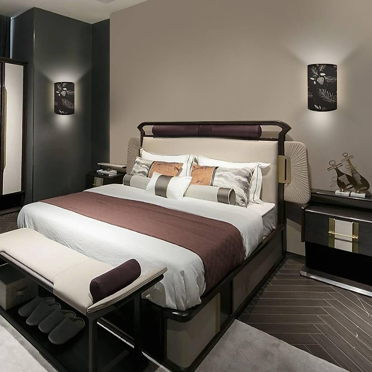 AURFIAIUOP Rechargeable Sconces Set of Two Pine Cones Christmas Adjustable Brightness Fabric Wall Lamps Wireless Lights Fixtures for Bedroom Living Room Hallway