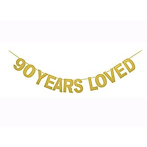 Qibote Gold Glitter 90 Years Loved Banner for 90th Birthday, 90 Wedding Anniversary Party Decorations