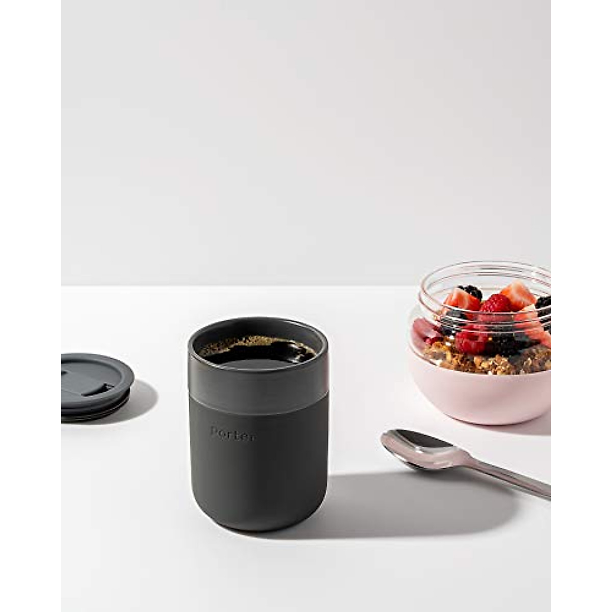 W&P Porter Ceramic Mug w/ Protective Silicone Sleeve, Charcoal 16 Ounces | On-the-Go | No Seal Tight | Reusable Cup for Coffee or Tea | Portable | Dishwasher Safe| WP-PMCL-CH