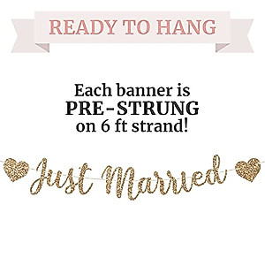 Pre-Strung Just Married Banner - NO DIY - Gold Glitter Wedding Party Banner in Script - Pre-Strung Garland on 6 ft Strand - Gold Wedding Reception Party Decorations & Decor. Did we mention no DIY?