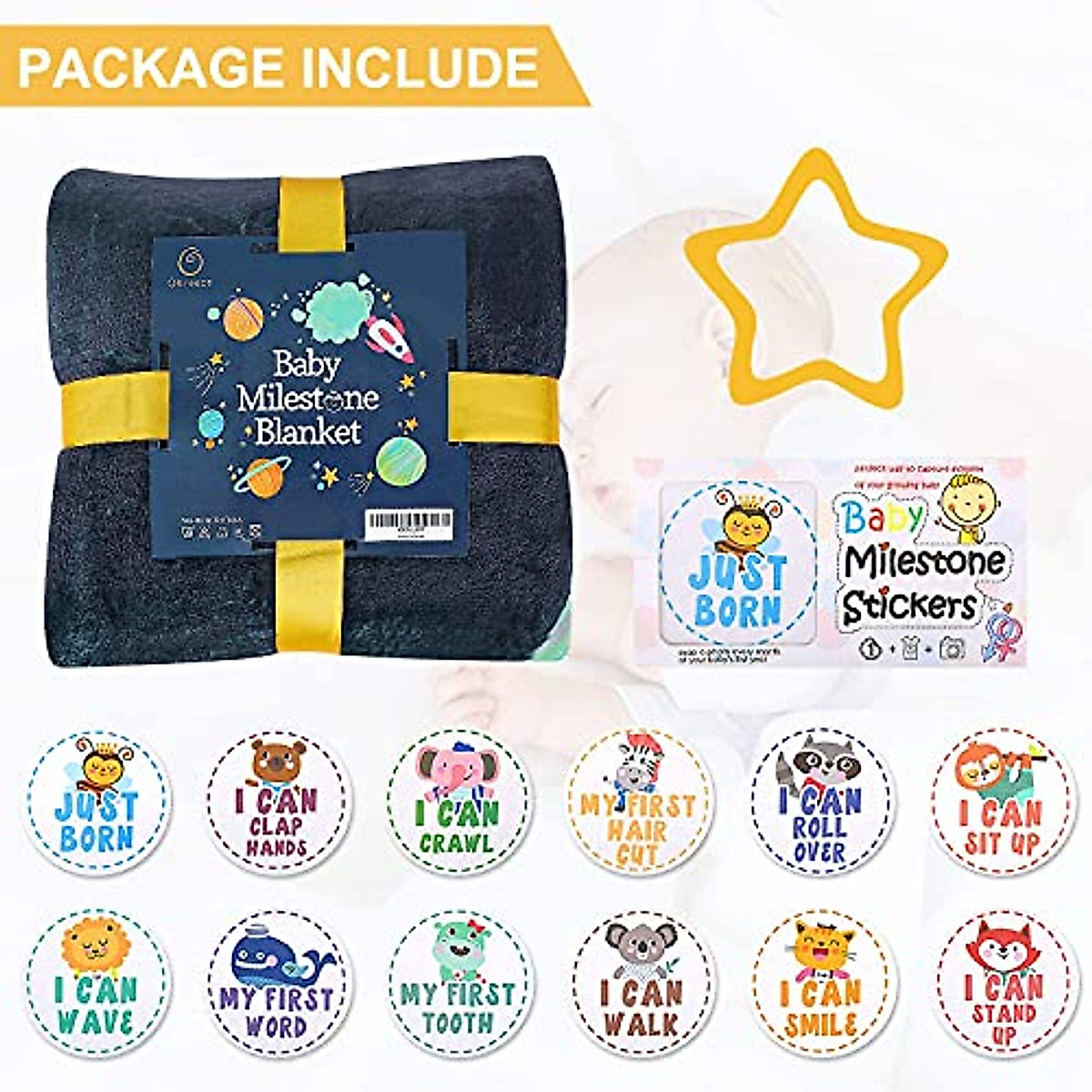 Baby Milestone Blanket - Cute Space Design Monthly Milestone Blanket for Baby Boy and Girl, Soft and Thick Flannel Material Wrapped with Milestone Stickers