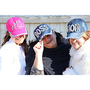 Popfizzy Bling Boss Hat for Women Rhinestone Hat, Bedazzled Baseball Caps, Distressed Hat, Fancy Bejeweled Hats, Sparkle Studded Denim Ball Caps (Boss)