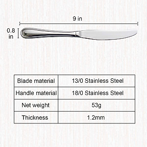 faderic 6-Piece Dinner Knives Set with Hollow Handle Table Knife Flatware Stainless Steel Mirror Polishing 9-Inch Silver Round