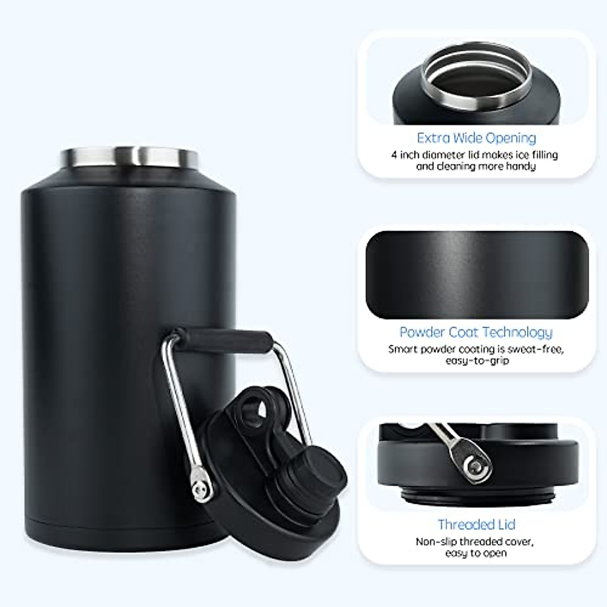 Kerilyn Insulated Gallon Jug with Handle, One Gallon, 128oz Stainless Steel, Large Double Vacuum Water Bottle for Hot & Cold Drinks, Wide Mouth, Sweat Proof, Great for Travel, Hiking & Camping, Black