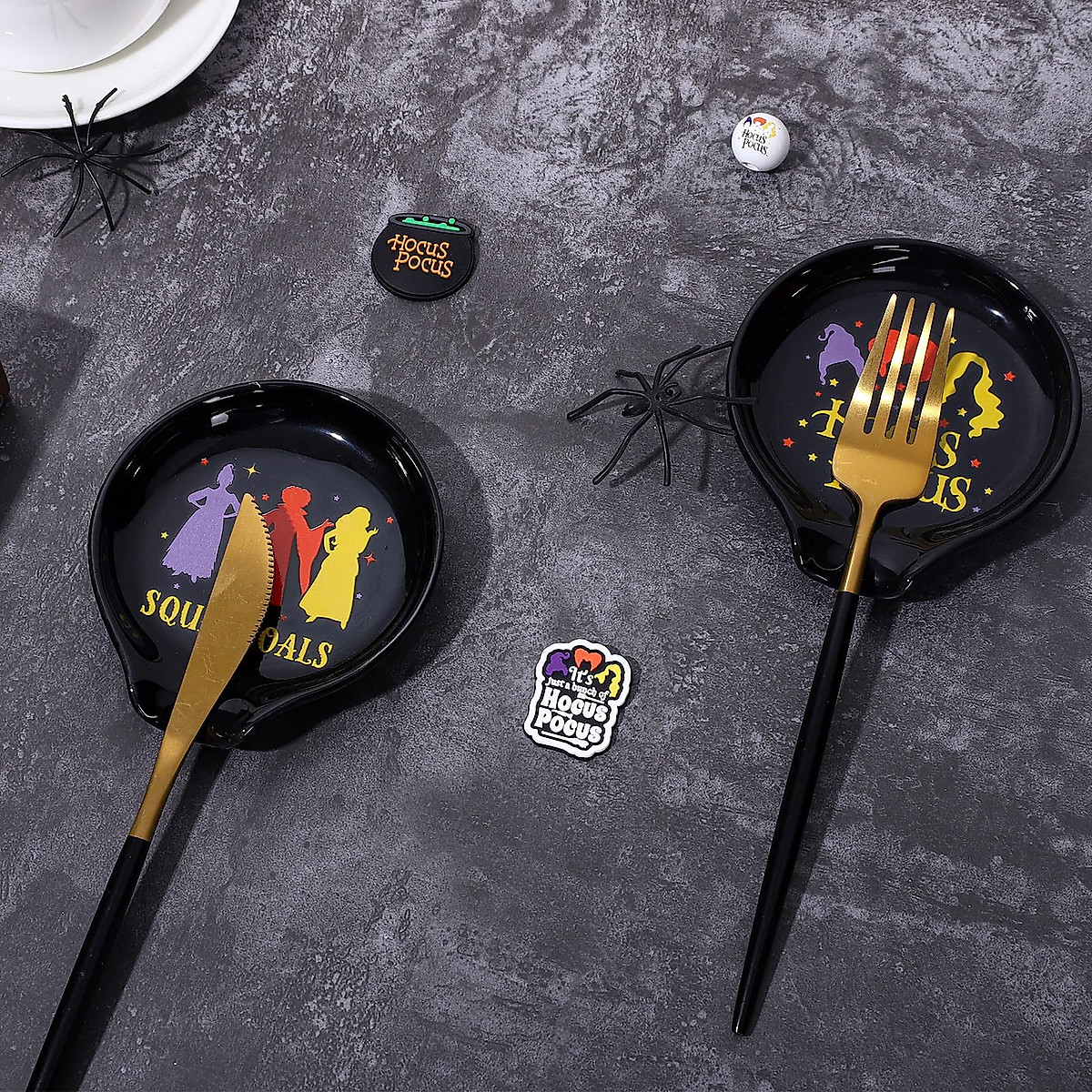 Whaline 2Pcs Halloween Witch Coffee Spoon Rest Hocus Pocus Ceramic Teaspoon Holder Spooky Sauce Dishes Dipping Bowl Ring Dish for Halloween Teacher Gift Kitchen Office Bar Coffee Stirrers