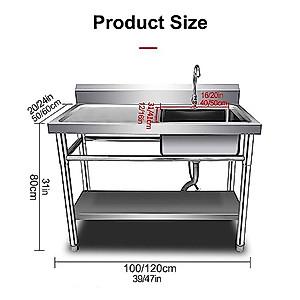 MEULE Kitchen Sinks Utility Sink,Free Standing Stainless Steel Sink Single Bowl Commercial Restaurant Kitchen Sink Set w/Faucet& Double Storage Shelves 100 * 50 * 80cm/39 * 20 * 31in 201#1.0-Left