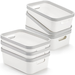 Elsjoy Set of 6 Plastic Storage Bin, 10"x 7"x 4" Classroom Storage Basket Cabinet Storage Bin with Handle, White Shelf Organizer Bins for Bathroom, Office, School