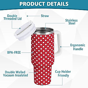 ZZXXB White and Red Polka Dot Insulated Stainless Steel Water Bottle with Handle and Straw Lid Double Walled Travel Mug 40 oz