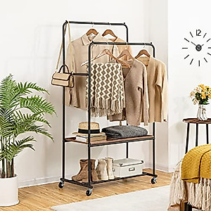 HOOBRO Garment Rack, Rolling Clothing Rack with Shelf, Heavy Duty Double Rods Clothes Rack on Wheels, Hanging Rack for Clothes, Shoes,Storage Display, BF22LY01