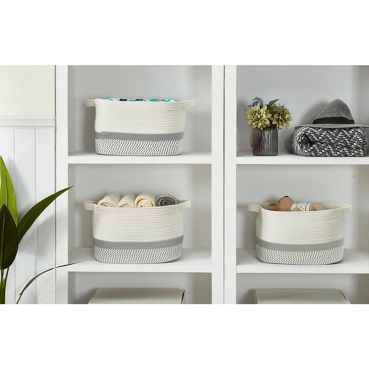 DECOMOMO Woven Baskets for Storage | Large Decorative Cotton Rope Basket for Organizing Baby Toy Book Nursery Kids Laundry Organizer 15" x 11" x 10" (Grey, Large – Set of 3)