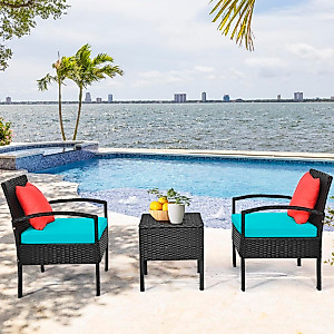 DORTALA 3 Piece Wicker Patio Furniture Set, Outdoor Conversation Bistro Sets with Rattan Chairs & Storage Table for Backyard Porch Garden Poolside, Turquoise