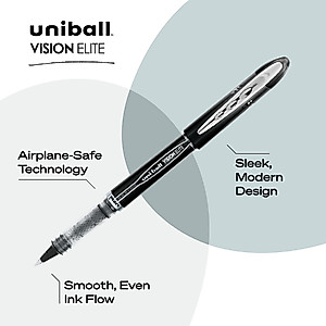 uni-ball Vision Elite Rollerball Pens Fine Point Micro Tip, 0.5mm, Black, 12 Pack