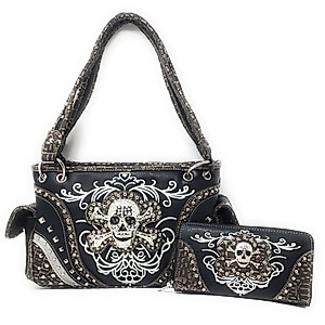 Texas West Rhinestone Embroidered Metal Skull Leather Womens Concealed Carry Handbag With Matching Wallet 6 colors (Black)