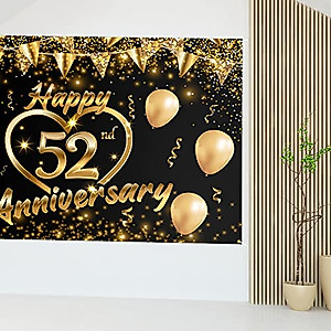 Happy 52nd Anniversary Backdrop Banner Decor Black Gold – Glitter Love Heart Happy 52 Years Wedding Anniversary Party Theme Decorations for Women Men Supplies, 3.9 x 5.9 ft