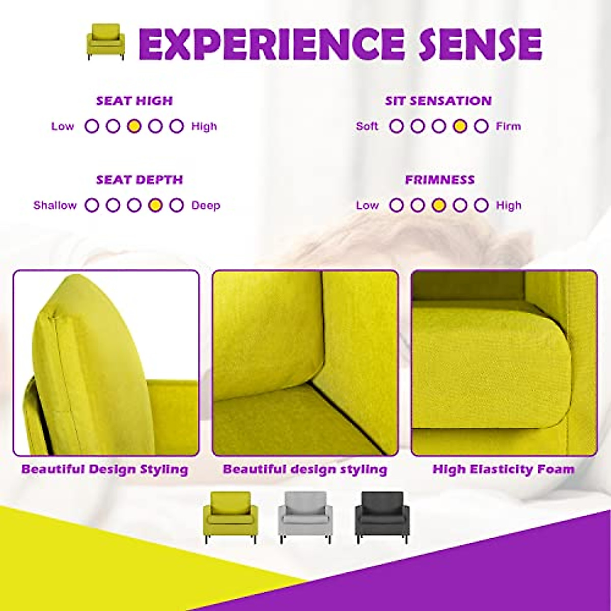 TYBOATLE Modern Upholstered Linen Fabric Accent Arm Chairs, Living Room Single Sofa Chair with Metal Legs, Comfy Reading Lounge Armchair for Small Spaces, Apartment, Bedroom, Office (Green)