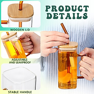 6 Pcs Glass Cup with Bamboo Lid and Straw 13.5 oz Beer Can Shaped Drinking Glasses Iced Coffee Cup with Handle Square Iced Coffee Tumbler Clear Tall Drinking Jars Wide Mouth Smoothie Jars, 6 Colors
